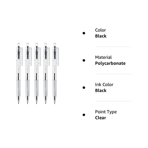 Muji Polycarbonate Clear Ball Point Gel Pen Black 0.7mm 5pcs Made in Japan