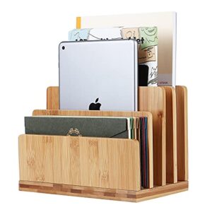 100% bamboo desk file mail organizer countertop, 4 slots wood desktop file folder sorter holder organizer for document letter envelope mail paper folder bill filing, paper letter desk tray organizer