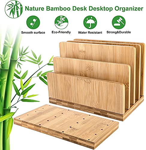 100% Bamboo Desk File Mail Organizer Countertop, 4 Slots Wood Desktop File Folder Sorter Holder Organizer for Document Letter Envelope Mail Paper Folder Bill Filing, Paper Letter Desk Tray Organizer