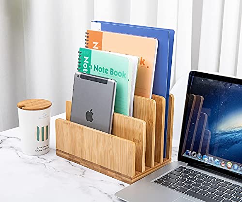 100% Bamboo Desk File Mail Organizer Countertop, 4 Slots Wood Desktop File Folder Sorter Holder Organizer for Document Letter Envelope Mail Paper Folder Bill Filing, Paper Letter Desk Tray Organizer