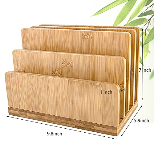 100% Bamboo Desk File Mail Organizer Countertop, 4 Slots Wood Desktop File Folder Sorter Holder Organizer for Document Letter Envelope Mail Paper Folder Bill Filing, Paper Letter Desk Tray Organizer