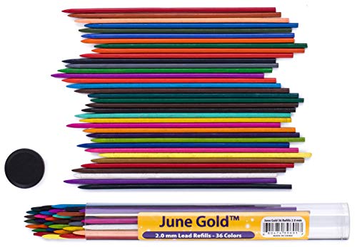 June Gold 4 Premium 2.0 mm 2B Mechanical Pencils, 36 Uniquely Colored Lead Refills, 36 2B Lead Refills, 2 Smudge Resistant Erasers, Built in Sharpeners & Soft Non-Slip Grip on Each Pencil