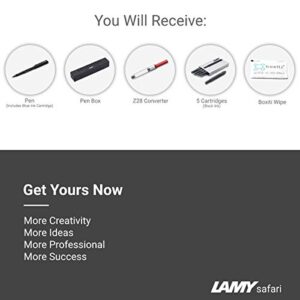 Boxiti Set - Lamy Safari Fountain Pen Charcoal, Fine Nib | 5 Black Ink Cartridges, Z28 Converter and Wipe