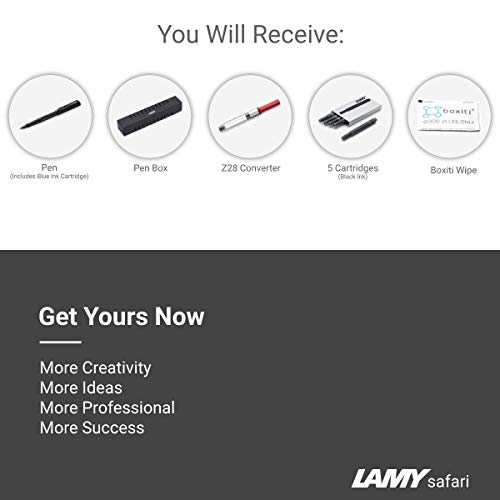 Boxiti Set - Lamy Safari Fountain Pen Charcoal, Fine Nib | 5 Black Ink Cartridges, Z28 Converter and Wipe