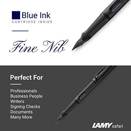 Boxiti Set - Lamy Safari Fountain Pen Charcoal, Fine Nib | 5 Black Ink Cartridges, Z28 Converter and Wipe