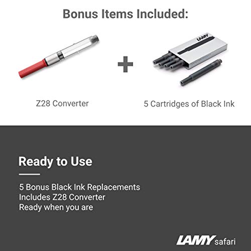 Boxiti Set - Lamy Safari Fountain Pen Charcoal, Fine Nib | 5 Black Ink Cartridges, Z28 Converter and Wipe