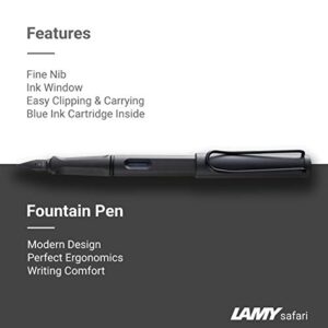 Boxiti Set - Lamy Safari Fountain Pen Charcoal, Fine Nib | 5 Black Ink Cartridges, Z28 Converter and Wipe