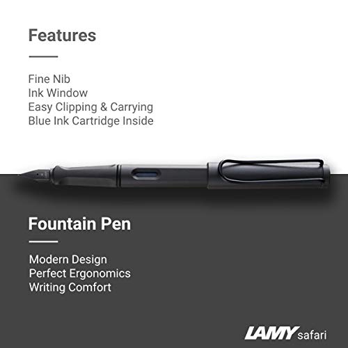 Boxiti Set - Lamy Safari Fountain Pen Charcoal, Fine Nib | 5 Black Ink Cartridges, Z28 Converter and Wipe