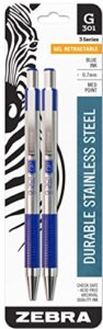 zebra pen g-301 stainless steel retractable gel pen, medium point, 0.7mm, blue ink, 2-count, 2 pack (41322)