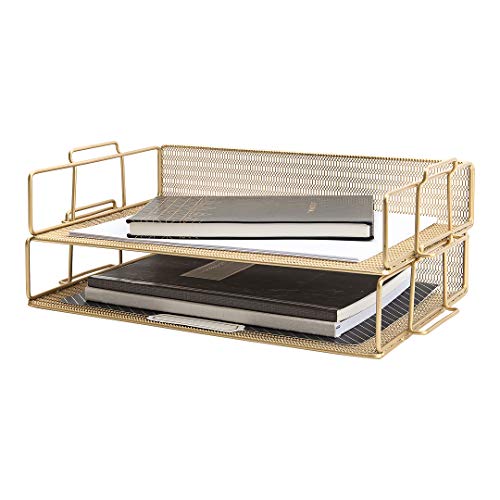 Blu Monaco Gold Desk Organizer Tray 2 Tier - Metal mesh Inbox Paper File Tray Office Supplies Stackable Desk Organizers and Accessories for Office Organization Desk Accessories & workspace Organizers