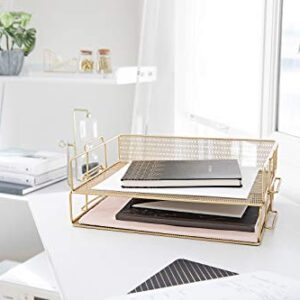 Blu Monaco Gold Desk Organizer Tray 2 Tier - Metal mesh Inbox Paper File Tray Office Supplies Stackable Desk Organizers and Accessories for Office Organization Desk Accessories & workspace Organizers