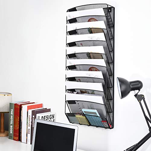 Samstar 10 Pocket Hanging Wall File Organizer Wall Mount Paper Folder Holder Letter Rack, Magazine Rack,Mesh Metal, Black.