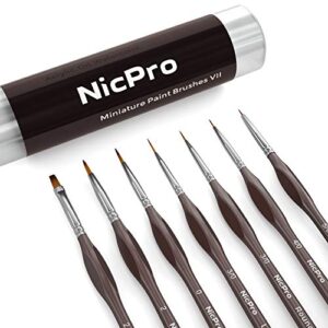 nicpro miniature detail paint brush set, 7 micro professional small fine painting brushes for watercolor oil acrylic,craft scale models rock painting & paint by number for adult-come with holder