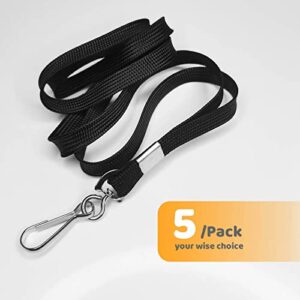 5 Pack Premium Black Flat Lanyards for ID Badge Card Holder Keychains, Comfortable Neck Straps with Metal Swivel Hook