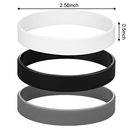 JOVITEC 12 Pieces Rubber Bracelets, Solid Color Silicone Wristbands, Multi-Pack Blank Wristbands Bracelets for Events Rubber Bands Party (Black, White, Gray)