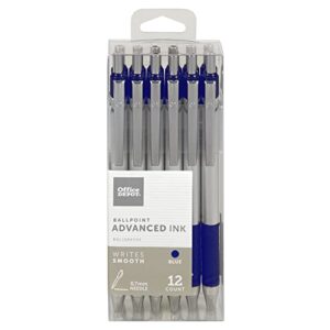 office depot advanced ink retractable ballpoint pens, needle point, 0.7 mm, silver barrel, blue ink, pack of 12