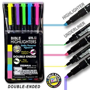 G.T. Luscombe Company, Inc. Zebrite Double Ended Bible Highlighter Set | No Bleed Pigmented Ink | No Fading or Smearing | Double Ended for Highlighting & Underlining | Fluorescent Multicolor (Set of 5)