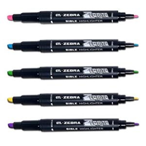 G.T. Luscombe Company, Inc. Zebrite Double Ended Bible Highlighter Set | No Bleed Pigmented Ink | No Fading or Smearing | Double Ended for Highlighting & Underlining | Fluorescent Multicolor (Set of 5)