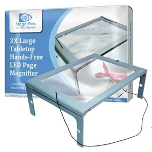 3x large full page magnifier with 12 led lights[provide evenly lit viewing area], foldable flip-out legs, dual power supply modes- ideal for hands free reading, low vision, seniors with aging eyes