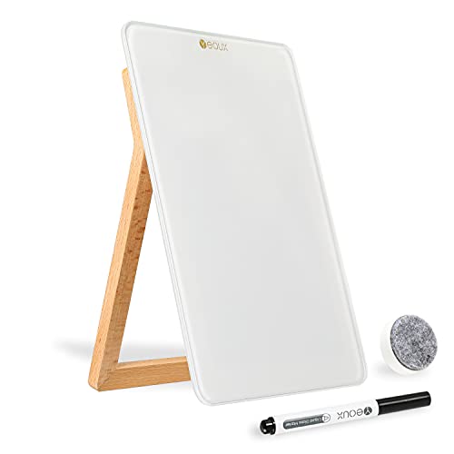 Desktop Glass Whiteboard with Reversable Wood Stand, Tabletop Small Portable Dry Erase White Board Easel, Reusable Desk Notepad 9.5"x6.7" for Office, Home, School, Marker&Eraser Included, Yeoux