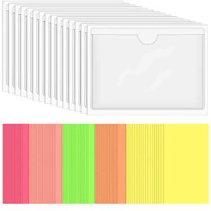 skppc 40 pack self-adhesive index card holder, clear plastic library card pockets label holder with top open, ideal card holder and 50 sheets colorful index cards, 3.8 x 5.3 inch