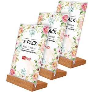 tonice® 3 pack 8.5×11 acrylic sign holder l shape slant back design clear acrylic frame wood base, table menu display stand, flyer display (optional 8.5×11/5×7 inch l/t shape)