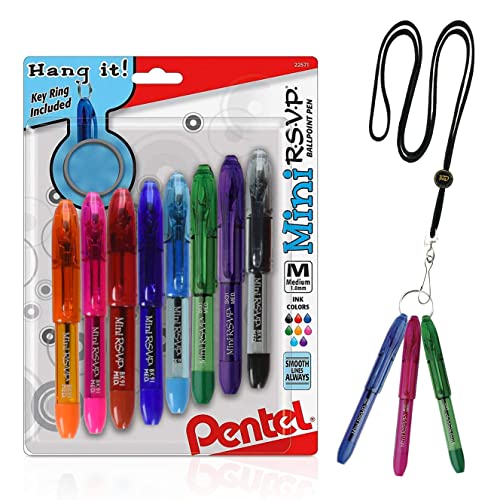 RSVP 8 Mini Pens Ballpoint Pocket Pen Includes a Keyring and Lanyard necklace