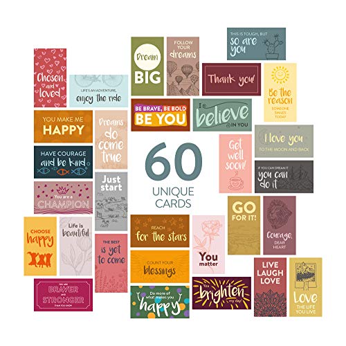 DiverseBee 60 Pack Assorted Motivational Cards - Inspirational and Kindness Mini Note Cards, Gratitude Encouragement Card Set with 60 Unique Motivational Quotes Business Card Size and Blank Back (Assorted)