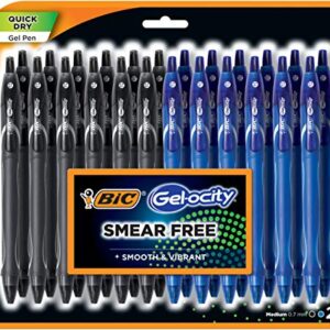 BIC Gel-ocity Quick Dry (DRIES UP TO 3X FASTER) Bulk 24 Pack Of 12 Black And 12 Blue Ink Pens, Smear Free, Retractable Gel Pens, Medium Point 0.7mm, Pens For Taking Notes For Adults Women & Men.