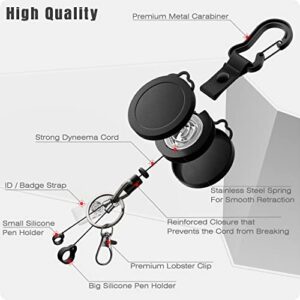 ELV Heavy Duty Retractable ID Badge Holder Key Reel with Adjustable Neck Lanyard, Zinc Alloy Carabiner, Key Ring, ID Badge Strap, 2 Pen Holders and Lobster Clip, 32” Dyneema Cord, Hold Up to 15 Keys