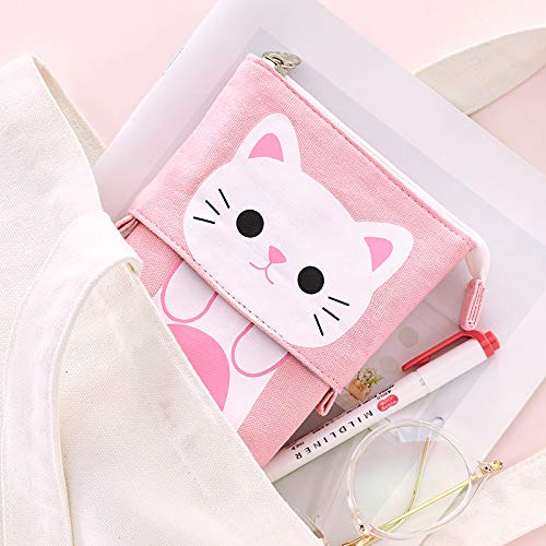 EASTHILL Cartoon Cute Cat Pencil Pouch Canvas Pen Bag Standing Stationery Case Holder Box Student (Pink)