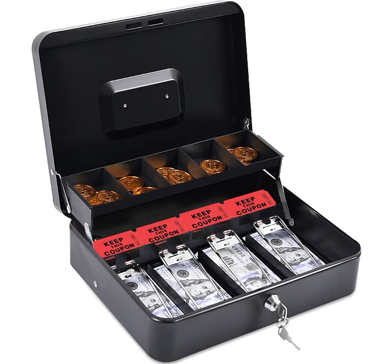 INFUN Cash Box with Money Tray, Durable Large Steel Money Boxes, 5 Compartment Tray, 4 Spring-loaded, come with 2 key, Black