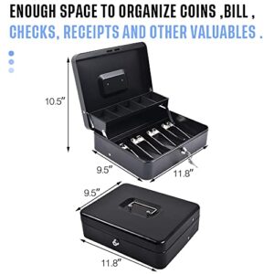 INFUN Cash Box with Money Tray, Durable Large Steel Money Boxes, 5 Compartment Tray, 4 Spring-loaded, come with 2 key, Black