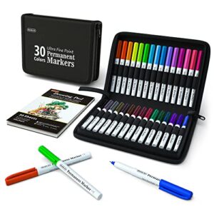 permanent markers, 30 assorted colors ultra fine point permanent marker packed in travel case, ideal colored markers set for adults coloring doodling on plastic, glass, gift for teens by shuttle art