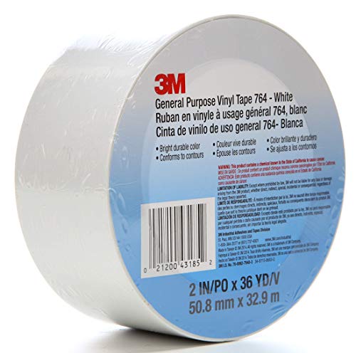 3M Vinyl Tape 764, General Purpose, 2 in x 36 yd, White, 1 Roll, Light Traffic Floor Marking Tape, Social Distancing, Color Coding, Safety, Bundling