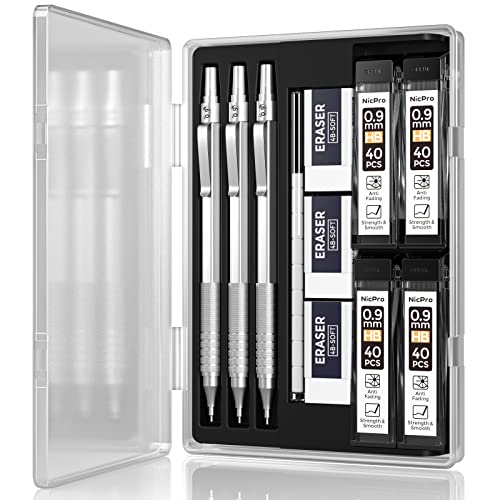 Nicpro Metal 0.9 mm Mechanical Pencils Set with Case, with 3PCS 0.9mm Drafting Pencil, 6 Tubes HB Lead Refills, 3PCS Erasers, Erasers Refills for Adults, Children, Artist Writing, Drawing, Sketching