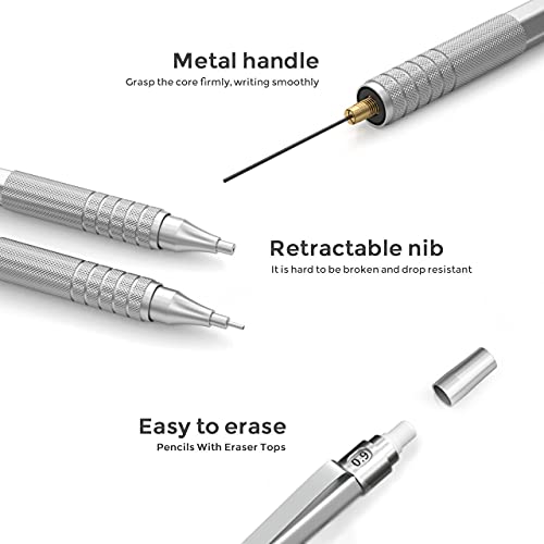 Nicpro Metal 0.9 mm Mechanical Pencils Set with Case, with 3PCS 0.9mm Drafting Pencil, 6 Tubes HB Lead Refills, 3PCS Erasers, Erasers Refills for Adults, Children, Artist Writing, Drawing, Sketching