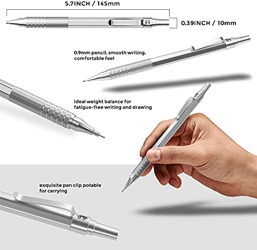 Nicpro Metal 0.9 mm Mechanical Pencils Set with Case, with 3PCS 0.9mm Drafting Pencil, 6 Tubes HB Lead Refills, 3PCS Erasers, Erasers Refills for Adults, Children, Artist Writing, Drawing, Sketching