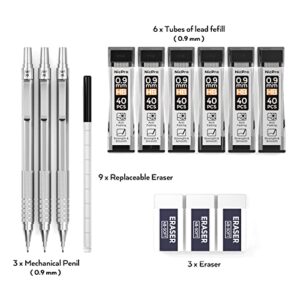 Nicpro Metal 0.9 mm Mechanical Pencils Set with Case, with 3PCS 0.9mm Drafting Pencil, 6 Tubes HB Lead Refills, 3PCS Erasers, Erasers Refills for Adults, Children, Artist Writing, Drawing, Sketching