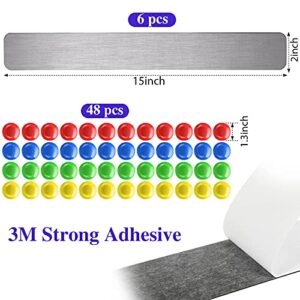 6 Pieces Frameless Magnetic Stainless Iron Board Strips Bulletin Bar Board Memo Strip Set with 48 Pieces Colorful Magnets for School Office Home (Silver)