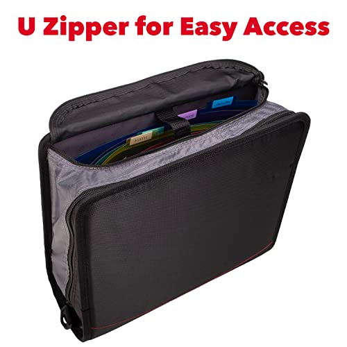 Case-it The King Sized Zip Tab Zipper Binder - 4 Inch D-Rings - 5 Subject File Folder - Multiple Pockets - 800 Sheet Capacity - Comes with Shoulder Strap - Jet Black D-186