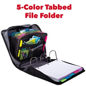 Case-it The King Sized Zip Tab Zipper Binder - 4 Inch D-Rings - 5 Subject File Folder - Multiple Pockets - 800 Sheet Capacity - Comes with Shoulder Strap - Jet Black D-186