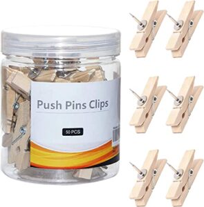 50 pcs push pin clips, wooden push pins for cork board, decorative thumb tacks for bulletin board, cute cork board/bulletin board pins thumbtack, cork board accessories