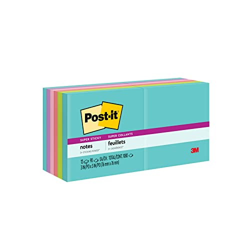 Post-it Super Sticky Notes, 3x3 in, 12 Pads, 2X the Sticking Power, Supernova Neons, Bright Colors, Recyclable (654-12SSMIA)