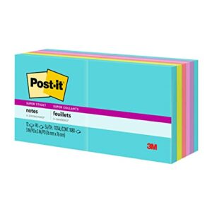 Post-it Super Sticky Notes, 3x3 in, 12 Pads, 2X the Sticking Power, Supernova Neons, Bright Colors, Recyclable (654-12SSMIA)