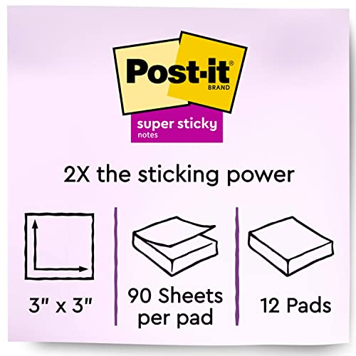 Post-it Super Sticky Notes, 3x3 in, 12 Pads, 2X the Sticking Power, Supernova Neons, Bright Colors, Recyclable (654-12SSMIA)