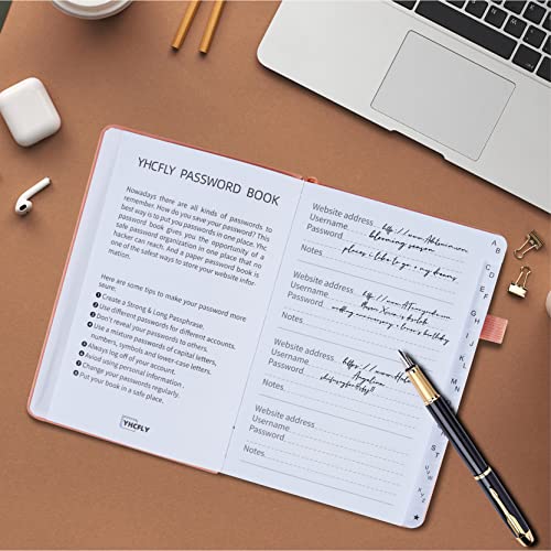 YHCFLY Password Book with Alphabetical tabs, Hardcover Internet Address & Password Organizer Logbook, Medium Size Password Keeper Notebook Journal for Home Office (Peach Pink)