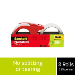 Scotch Sure Start Packaging Tape, 1.88" x 38.2 yd, Designed for Packing, Shipping and Mailing, Smooth and Quiet Unwind, 3" Core, Clear, 2 Rolls w/1 Dispenser (3450S-2-1RD)