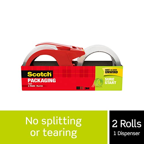 Scotch Sure Start Packaging Tape, 1.88" x 38.2 yd, Designed for Packing, Shipping and Mailing, Smooth and Quiet Unwind, 3" Core, Clear, 2 Rolls w/1 Dispenser (3450S-2-1RD)