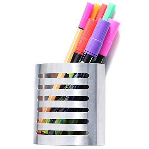 Sanpaint Magnetic Modern Pen and Pencil Holder, Metal Writing Utensil Storage Organizer for Kitchen, Locker, Home, or Office, 3.25" x 1.75" x 3.50", Brushed Stainless Steel